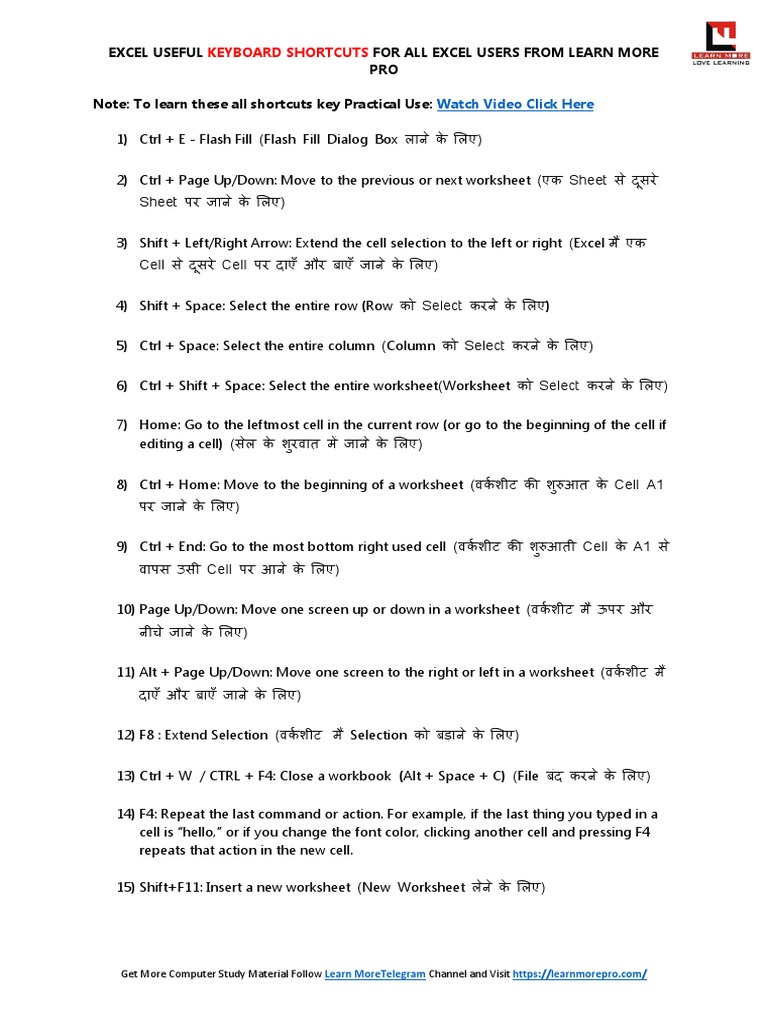 Excel Keyboards Shortcuts In Hindi By Learn More Pro Pdf