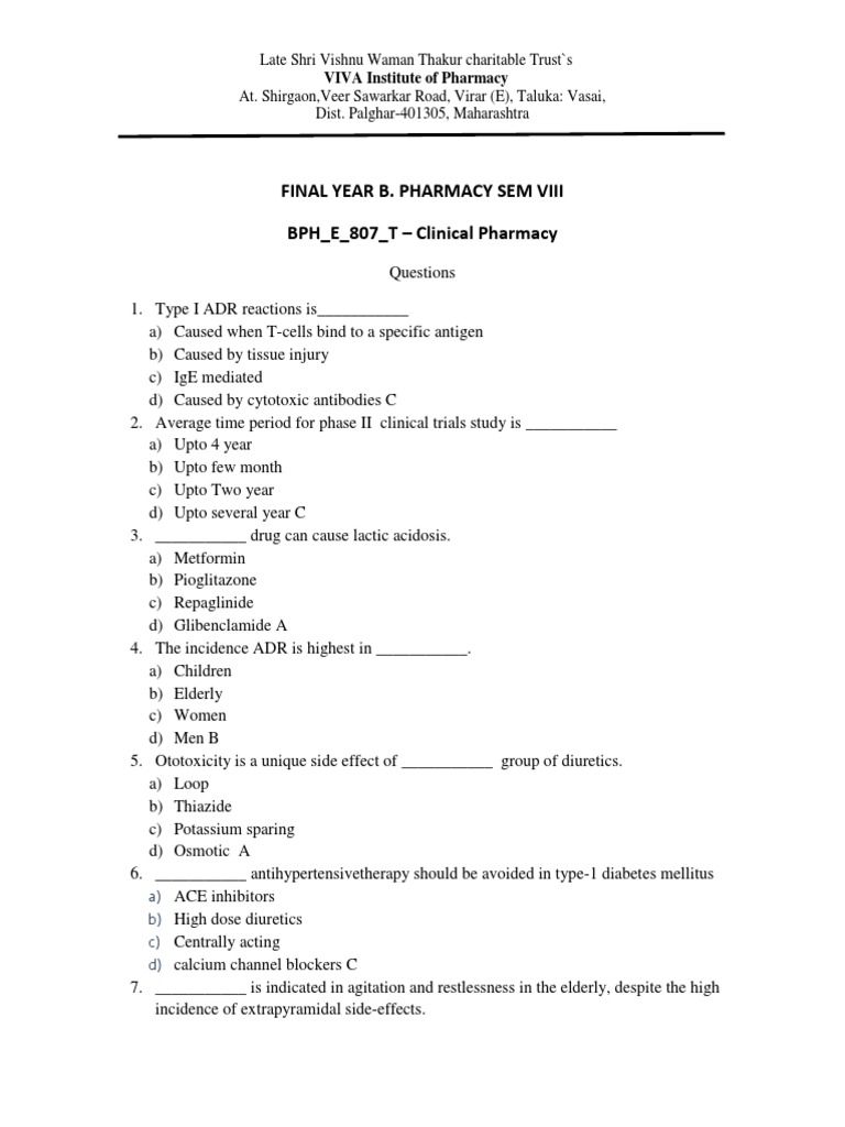 Clinical Pharmacy MCQ Practice | PDF | Clinical Trial | Pharmacy
