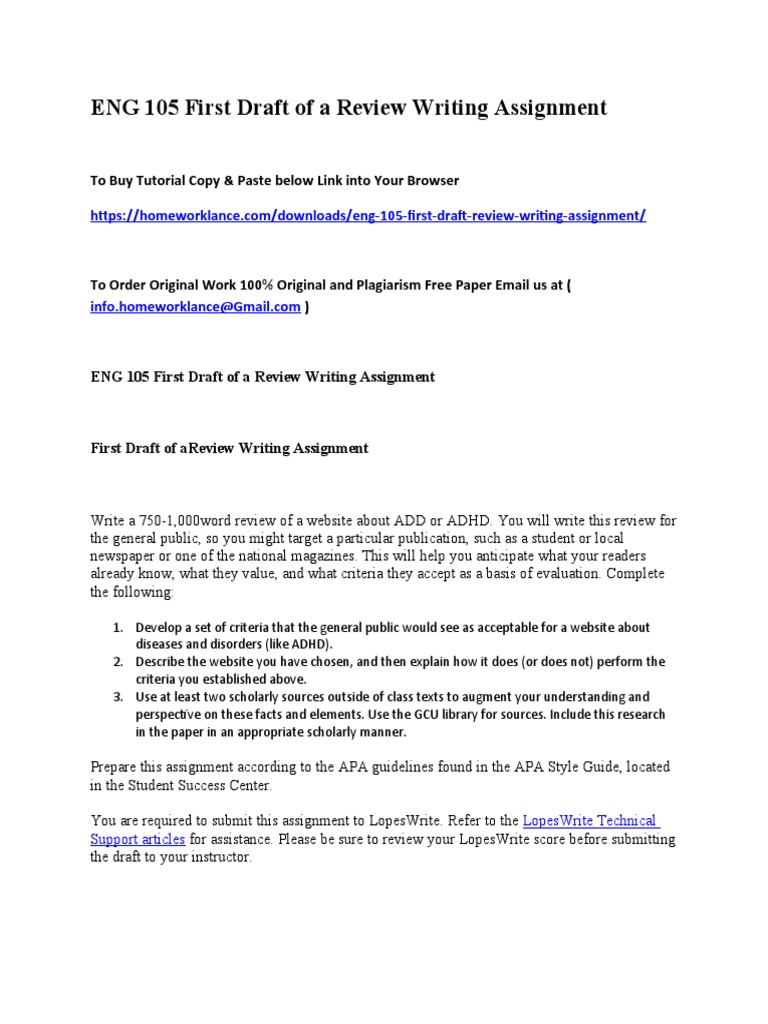 ENG 105 First Draft of A Review Writing Assignment | PDF