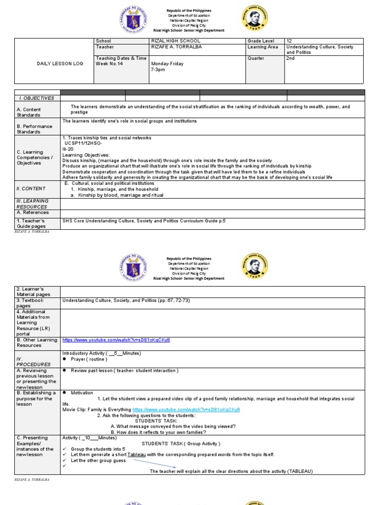 DLL Ucsp Template | PDF | Family | Teachers