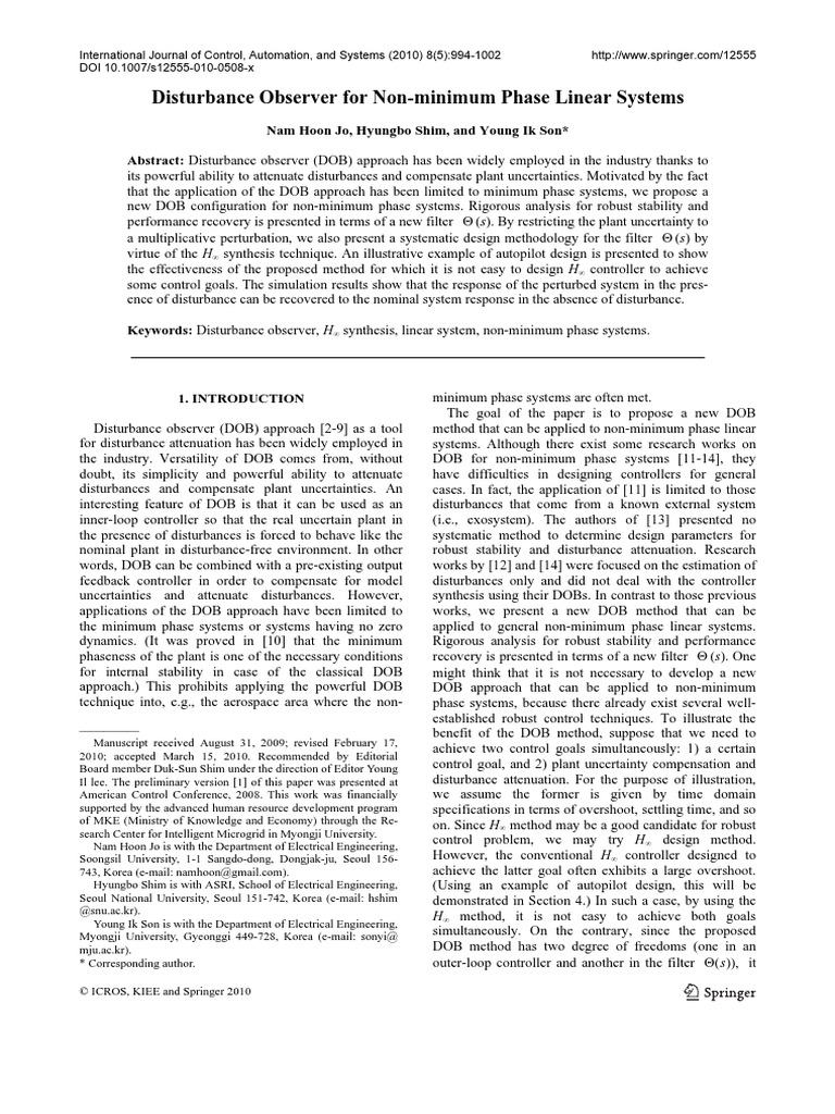 Disturbance Observer For Non-Minimum Phase Linear Systems | PDF | Control Theory | Mathematics