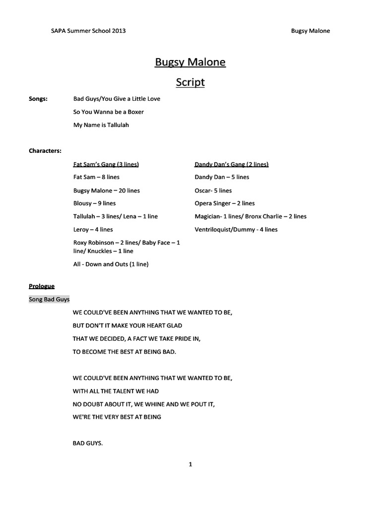 Bugsy Malone Bugsy Malone Script Script | PDF