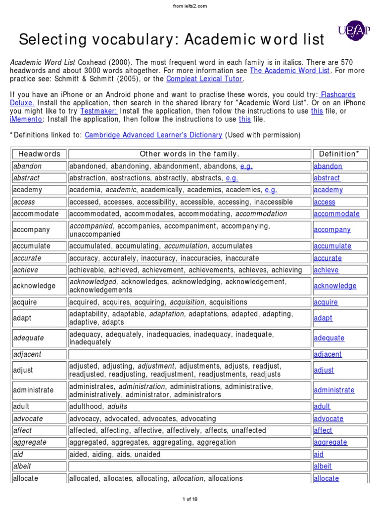 Selecting Vocabulary: Academic Word List: Headwords Other Words in The ...