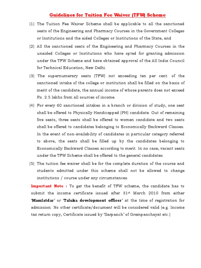 Guidelines For Tuition Fee Waiver (TFW) Scheme: Important Note | PDF