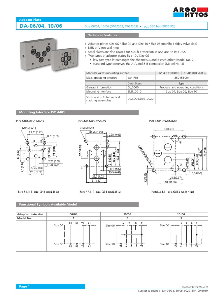 Adaptor Plate: Size 06/04, 10/06 (D03/D02, D05/D03) P 350 Bar (5800 PSI ...