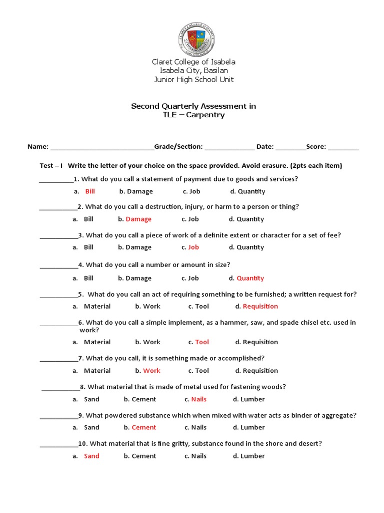 Tle 7 2nd Quarter Exam | PDF | Plywood | Wood