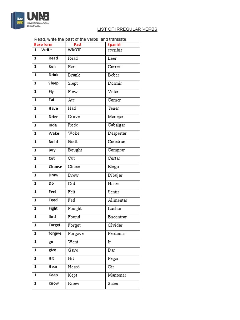 Homework (List Irregular Verbs) | PDF | Language Arts & Discipline