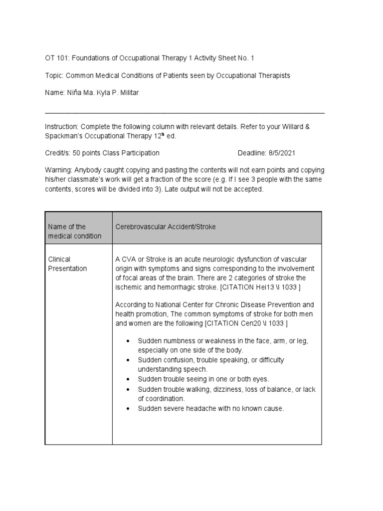 OT 101 - Foundations of Occupational Therapy 1 Activity Sheet No 1 ...