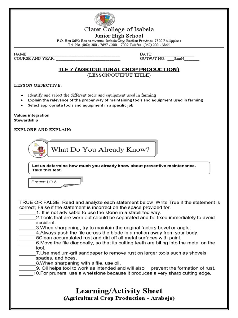 Learning Activity Sheet TLE 7 - 3&4 (LAS) | PDF | Agriculture