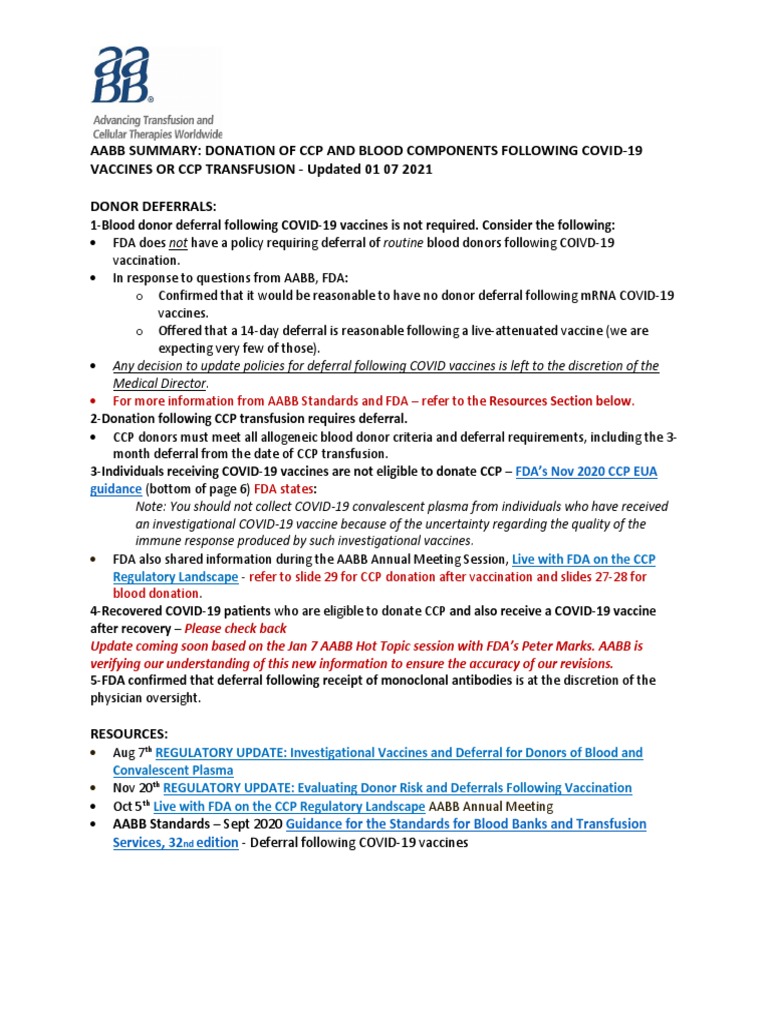 Summary of Blood Donor Deferral Following Covid 19 Vaccine and CCP ...
