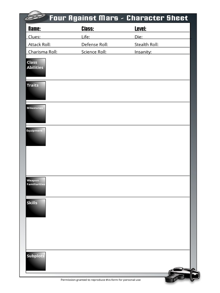 Four Against Mars - Character Sheet: Name: Class: Level | PDF