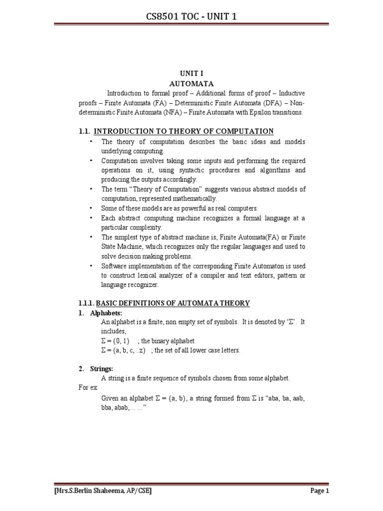 Cs8501 Toc - Unit 1 | PDF | Mathematical Logic | Formal Methods