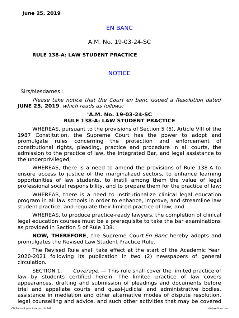 2019-Rule 138-A Law Student Practice | PDF | Legal Education | Lawyer