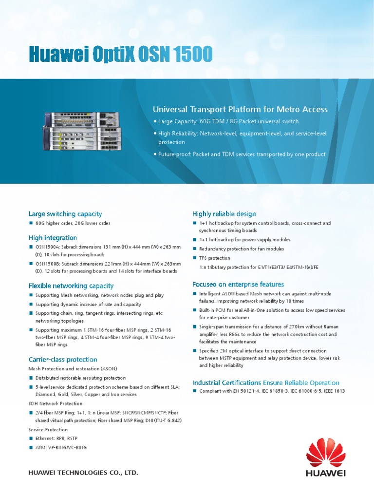 Huawei Optix Osn 1500: Universal Transport Platform For Metro Access | PDF | Networking ...