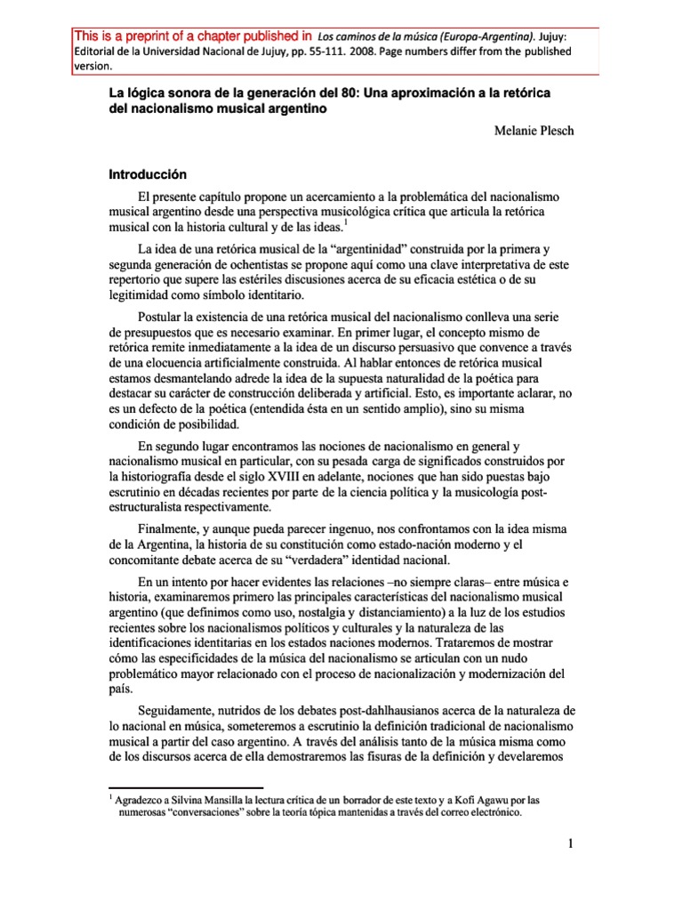 Los Caminos de La Musica. La Logica Sonora de La Generacion Del 80. Plesch M. | PDF | Nación ...