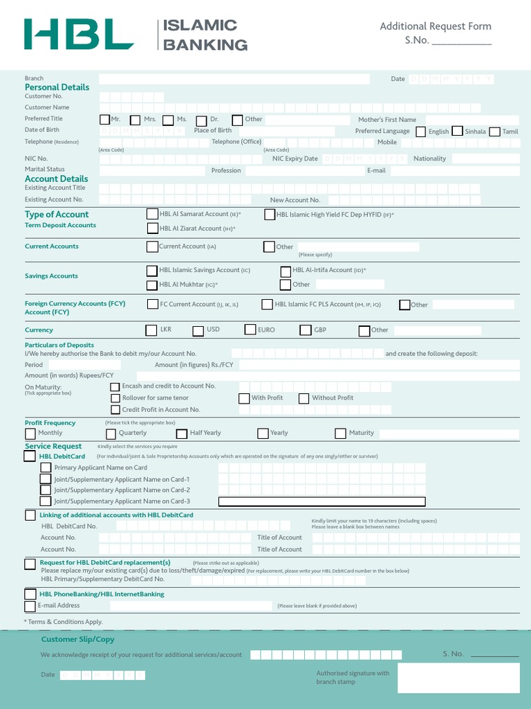 HBL Additional Request Form | PDF | Cheque | Banking