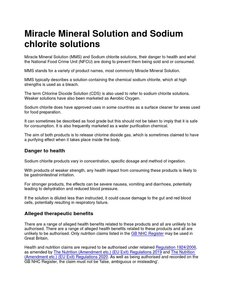 Miracle Mineral Solution and Sodium Chlorite Solutions | PDF | Chemical ...