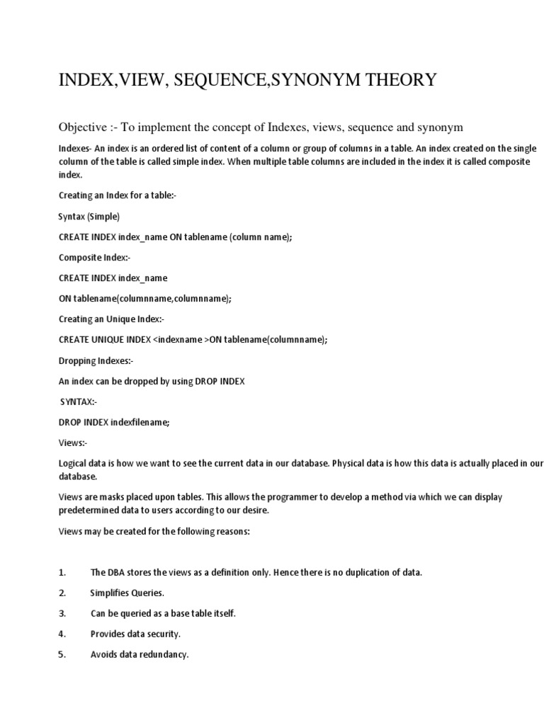 Index View Sequence Synonym Theory Pdf Database Index Database Schema