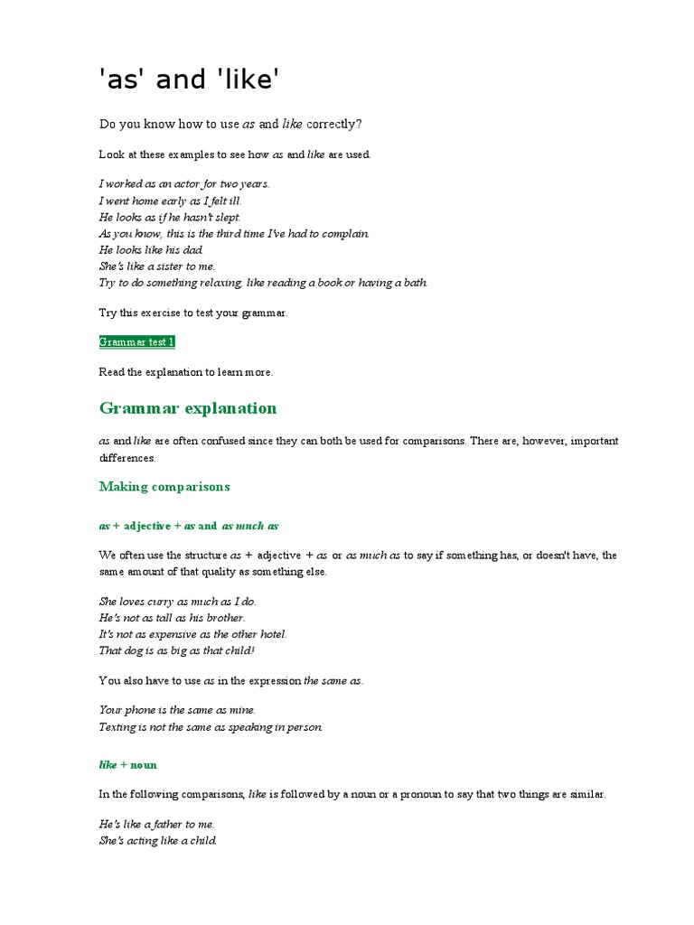 'As' and 'Like': Grammar Explanation | PDF | Adjective | Noun