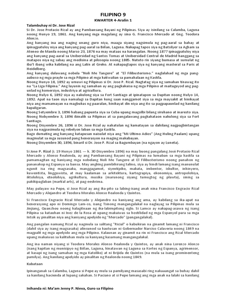 Talambuhay Ni Jose Rizal Maikling Talambuhay Ni Dr. Jose Rizal