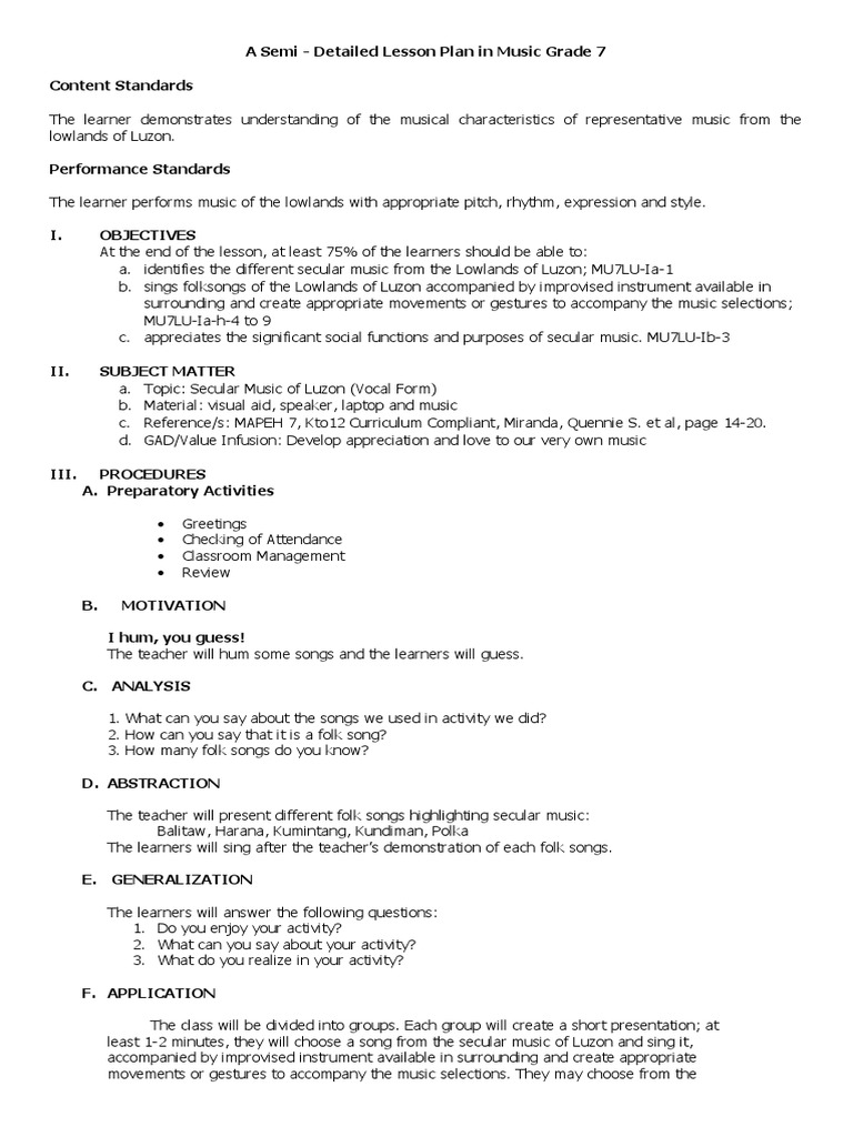 Semi Deatailed LP in Music Grade 7 | PDF | Teachers | Folk Music
