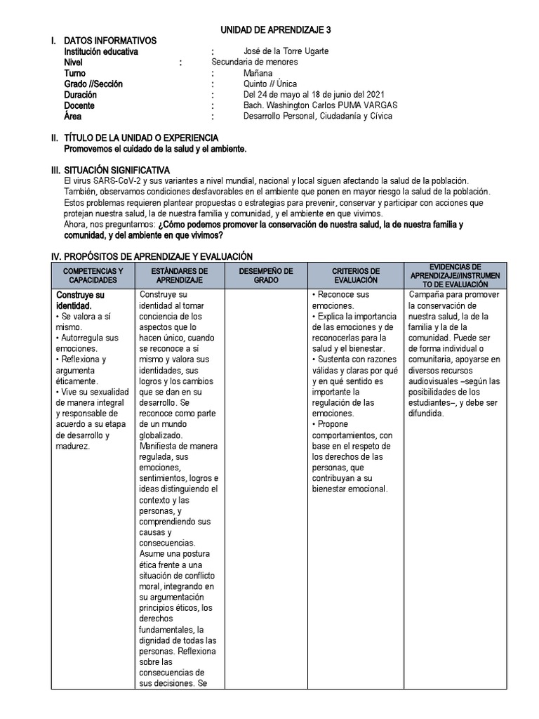 Unidad de Aprendizaje 3 DPCC 5° | PDF | Las emociones | Aprendizaje