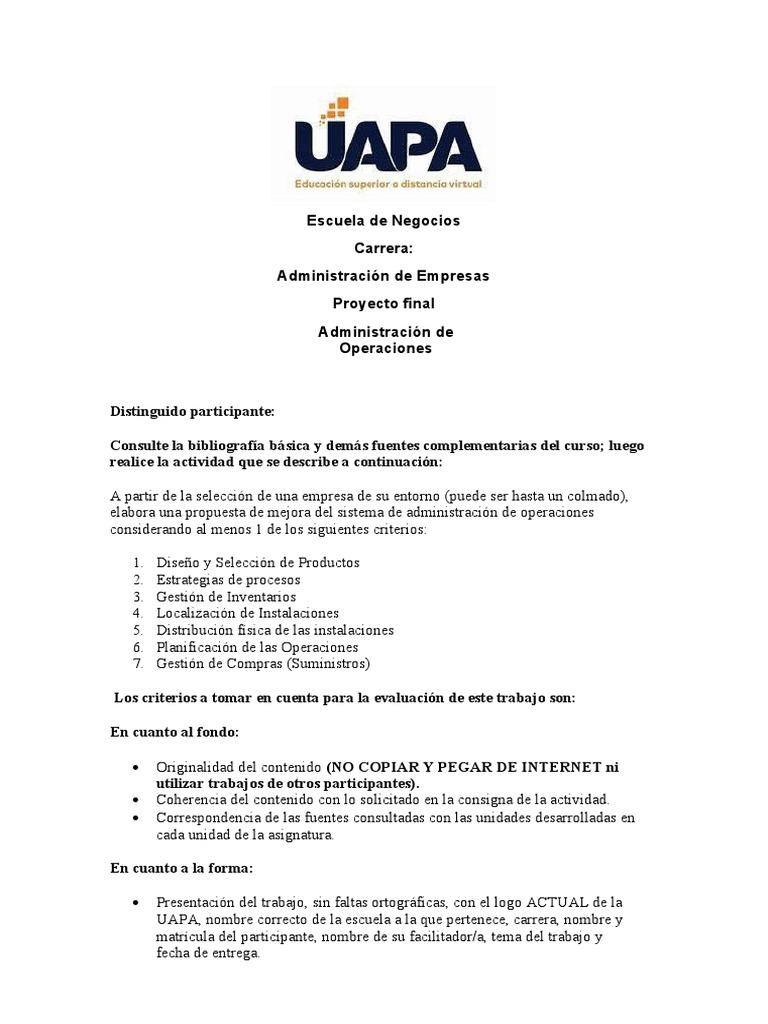 Proyecto Final Administracion de Operaciones | PDF