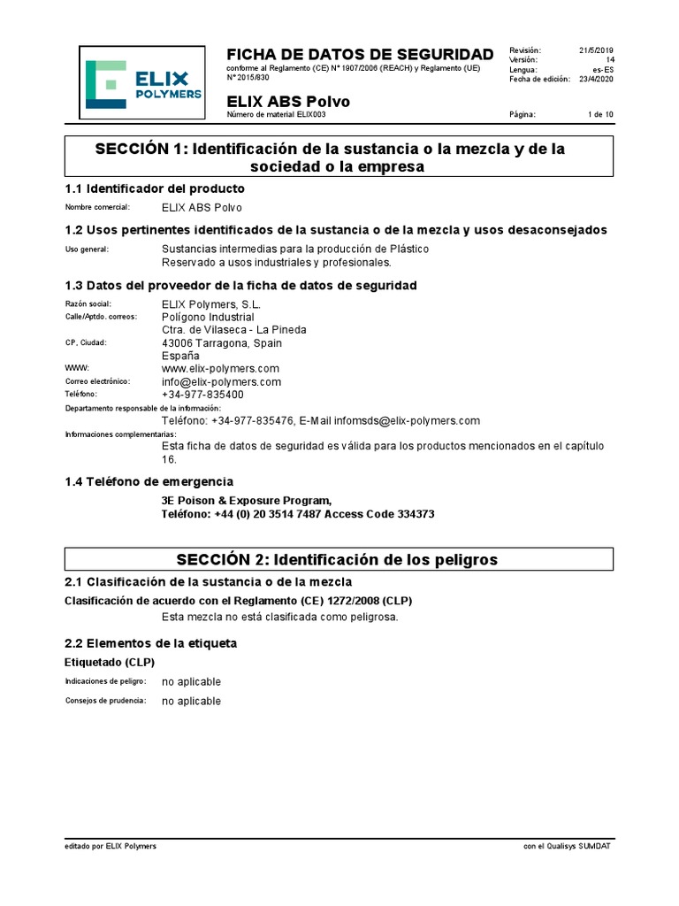 Elix Polymers, Msds Abs | PDF | Toxicidad | Reciclaje
