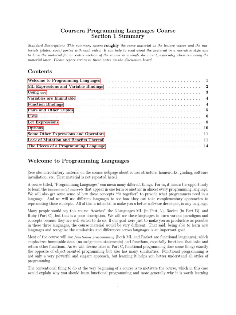 Coursera Programming Languages Course Section 1 Summary | PDF | Boolean Data Type | Scope ...