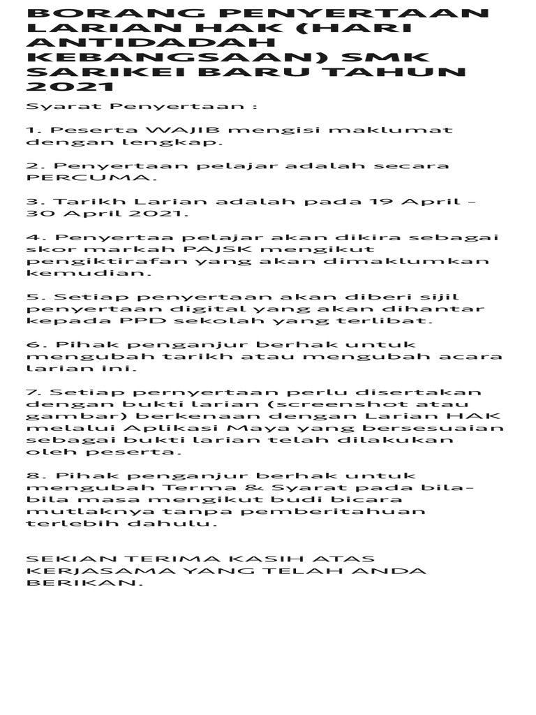 Borang Penyertaan Larian Hak (Hari Antidadah Kebangsaan) SMK Sarikei ...