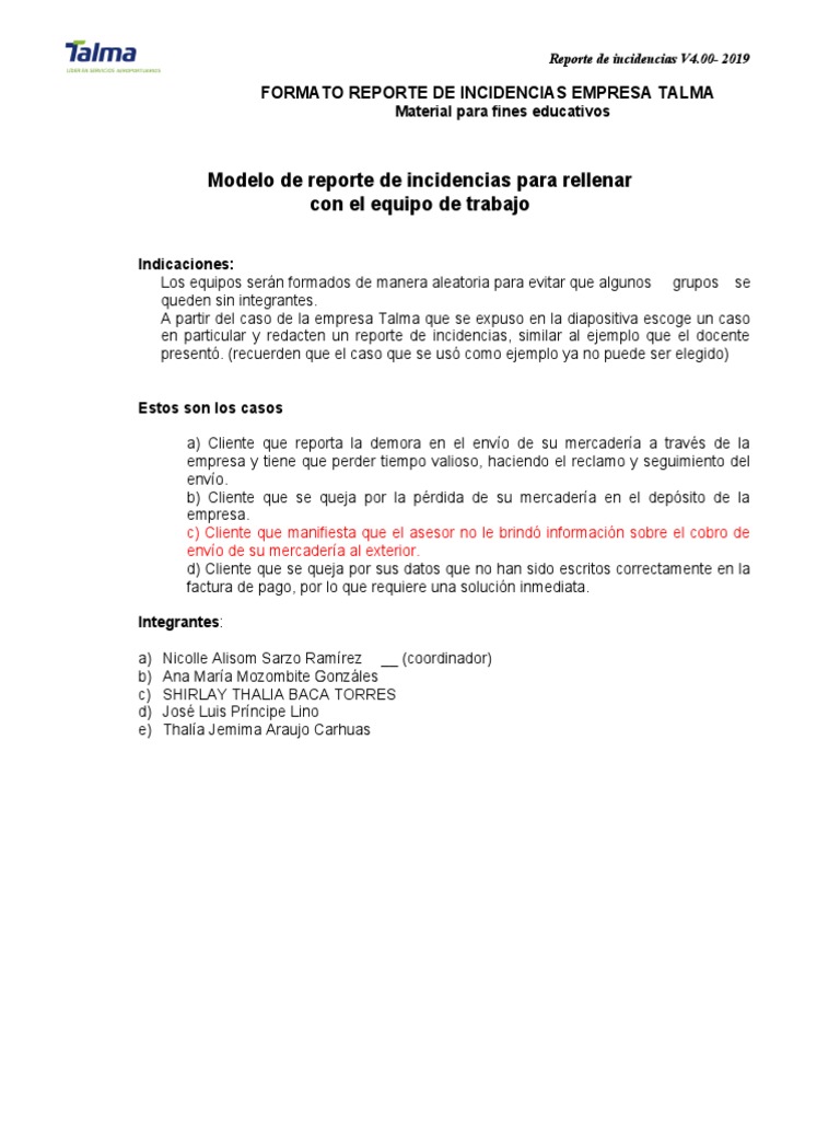Formato de Reporte de Incidencas Vacio Caso Talma - Grupo | PDF