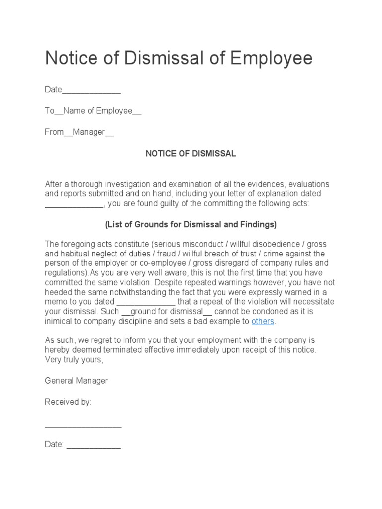 Notice of Dismissal of Employee | PDF