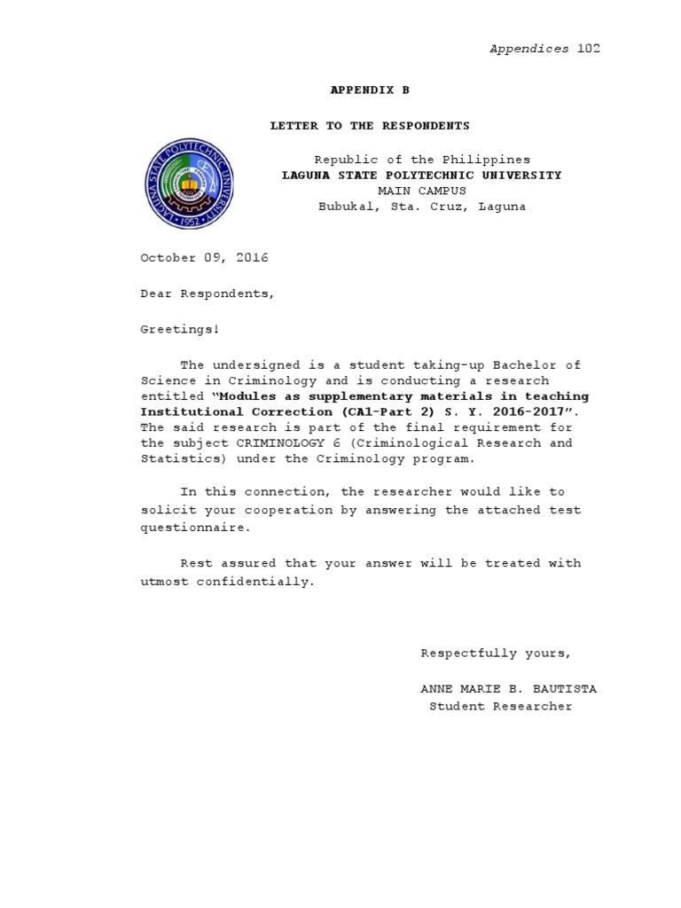 Appendix B Letter To The Respondents: Appendices 102 | PDF