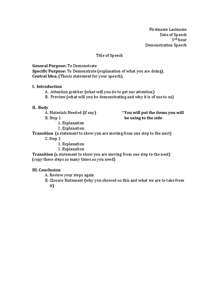 Free Demonstration Speech Outline Template PDF | PDF