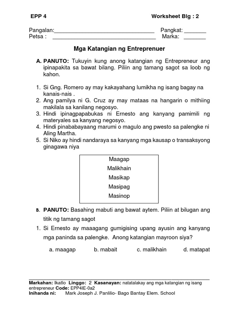 Worksheet 2 Grade 4 EPP 4 | PDF