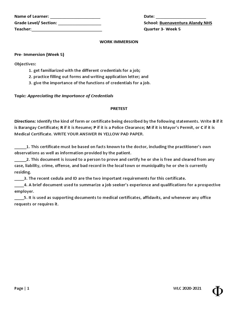 wEEK 5 - WORK IMMERSION | PDF | Résumé | Job Interview