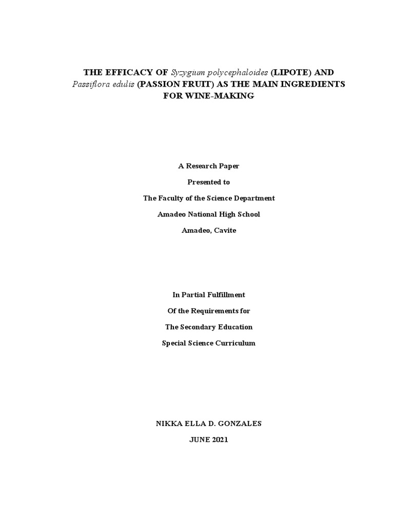 The Efficacy of Lipote and Passion Fruits | PDF | Wine | Winemaking