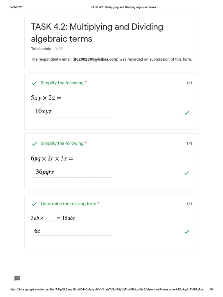 TASK 4.2 - Multiplying and Dividing Algebraic Terms | PDF