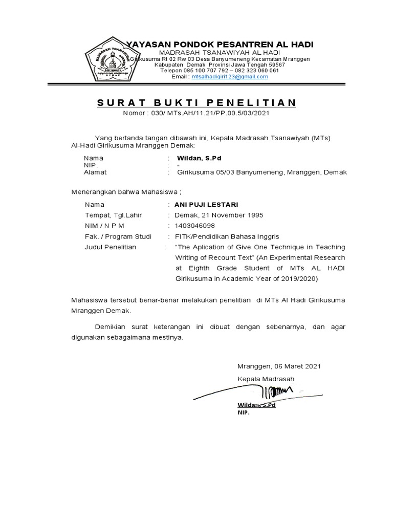 Surat Bukti Penelitian MTs | PDF Surat Bukti Penelitian MTs | PDF