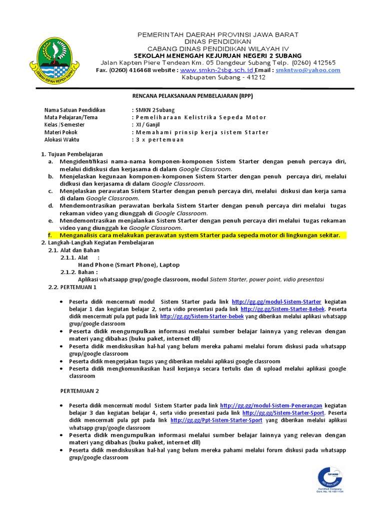 RPP KD 3.3 Memahami Prinsip Kerja Sistem Starter | PDF