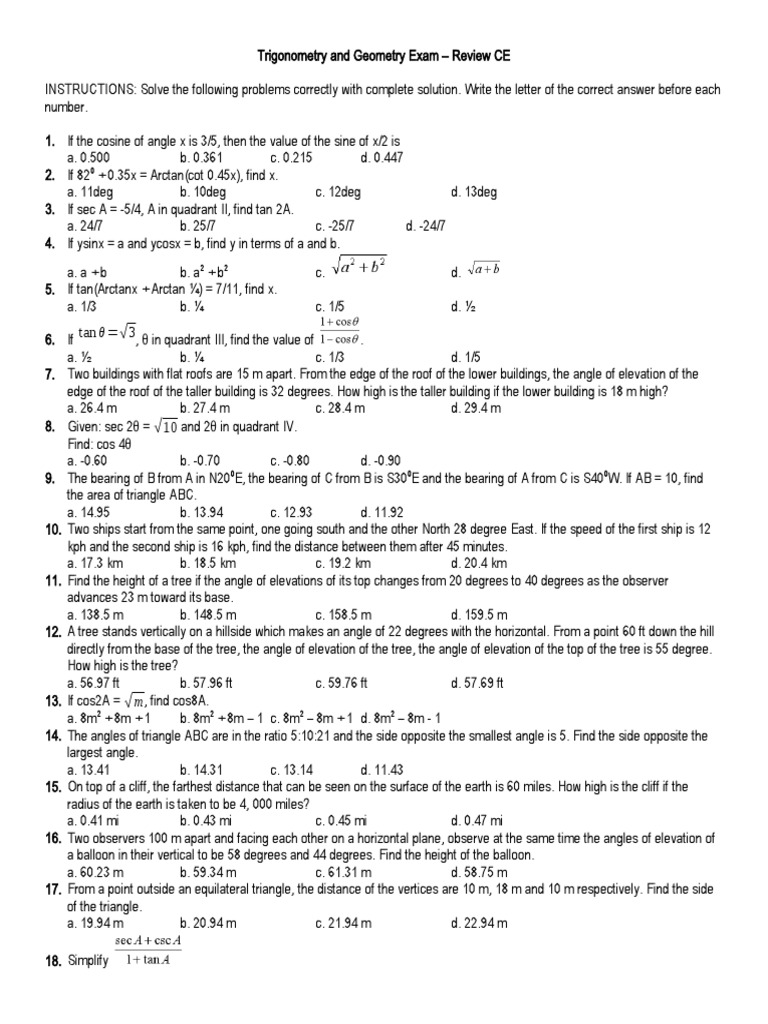 Trigo and Geometry Exam | Download Free PDF | Circle | Area
