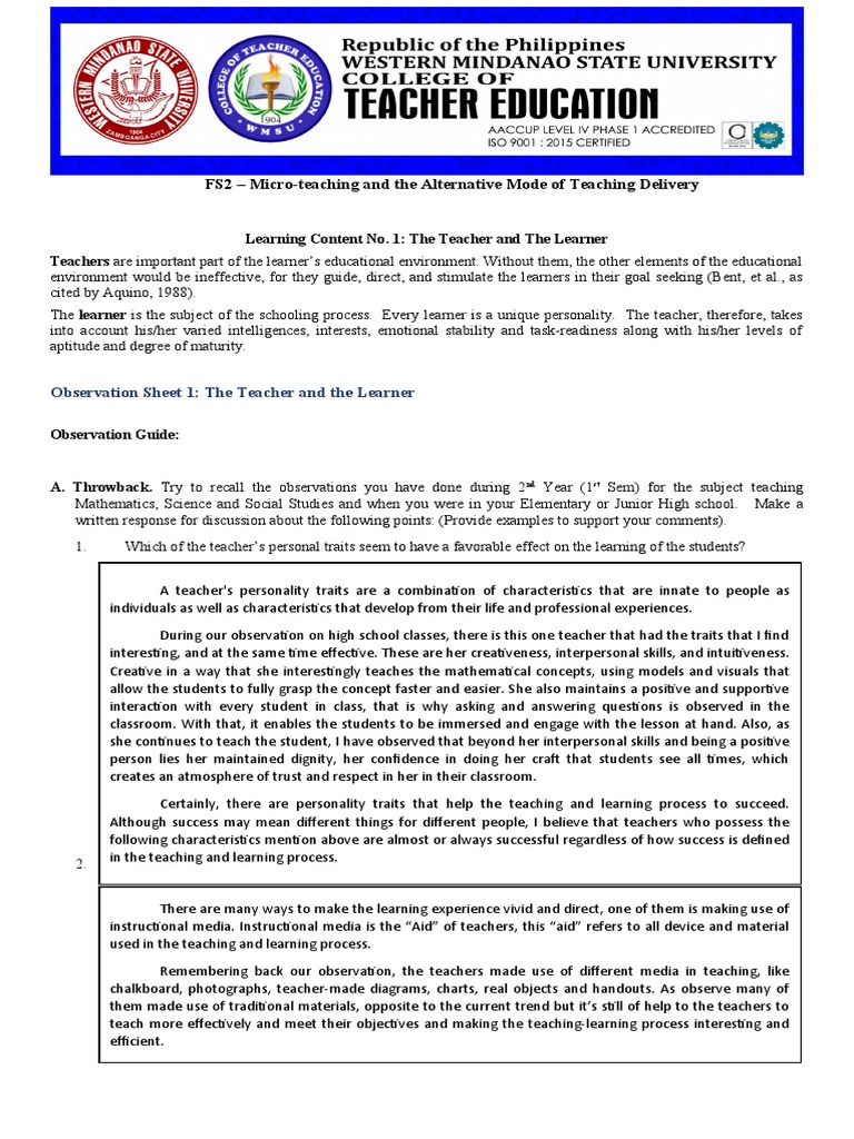 FS2 Worksheet 1 | PDF | Learning | Teachers