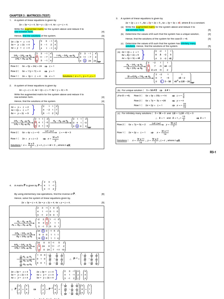 Linear Equations and Matrices Solutions | PDF | System Of Linear ...