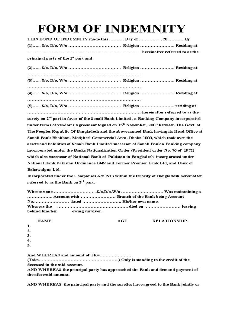 Form of Indemnity Bond | PDF | Surety | Damages