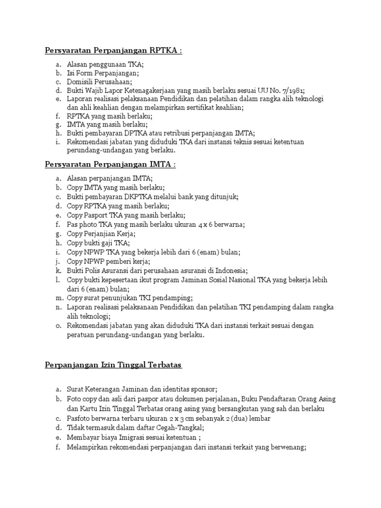 Persyaratan Perpanjangan RPTKA | PDF