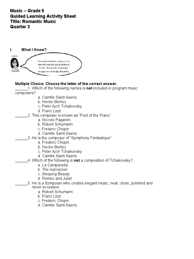 Music - Grade 9 Guided Learning Activity Sheet Title: Romantic Music ...