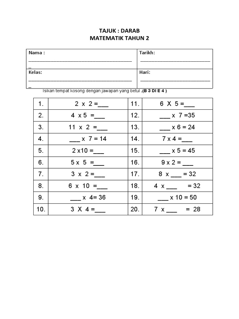 Soalan Darab Matematik Tahun 2 | PDF | Metode & Bahan Ajar
