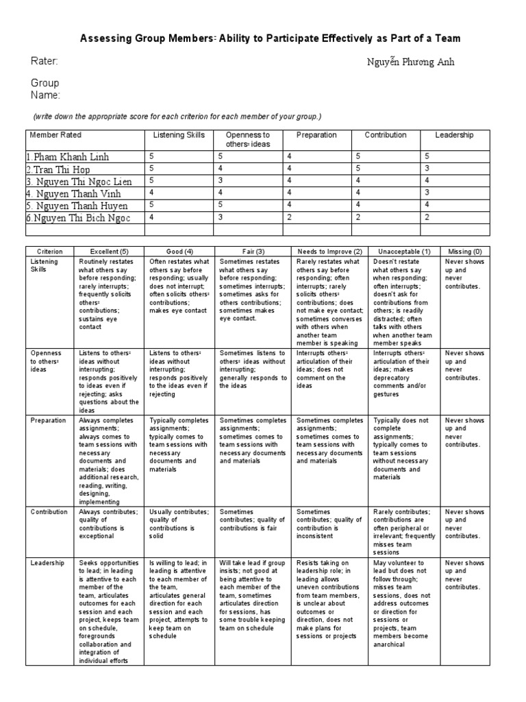 Team Participation Assessment Criteria | PDF | Leadership | Psychology