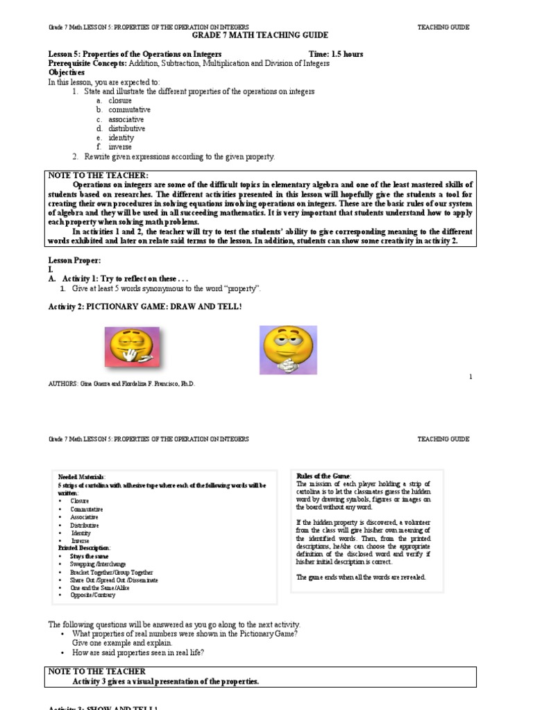 Grade 7 Math Lesson 5: Properties of The Operation On Integers Teaching ...