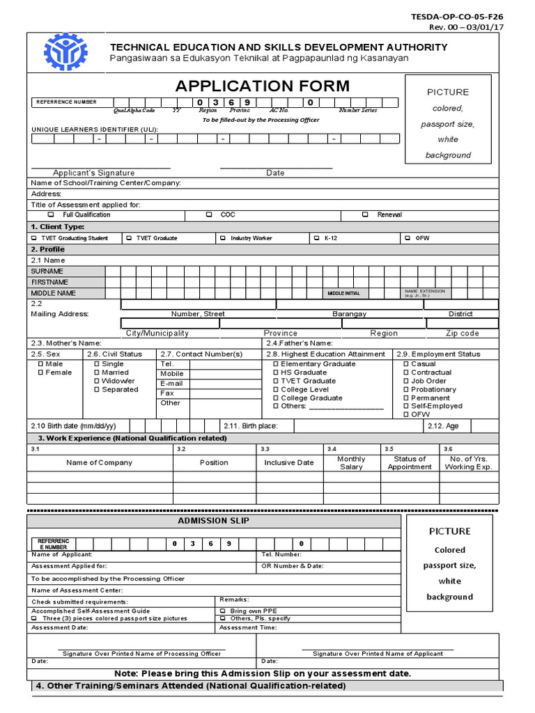 Application Form: TESDA-OP-CO-05-F26 | PDF